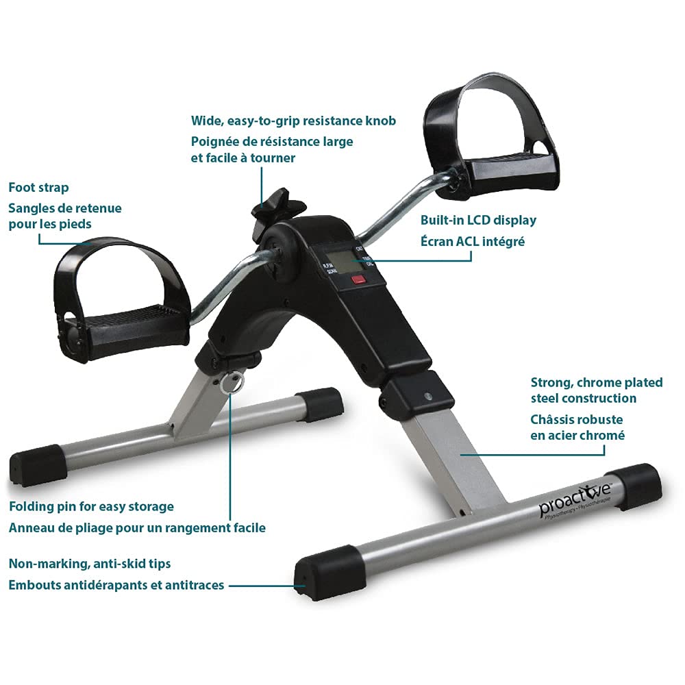ProActive Portable Folding Digital Pedal Exerciser with LCD Screen Display, Adjustable Resistance Under Desk Mini Bike, Compact Arm & Leg Peddler Machine Tracks Calories Burned, Time and Reps, Gray