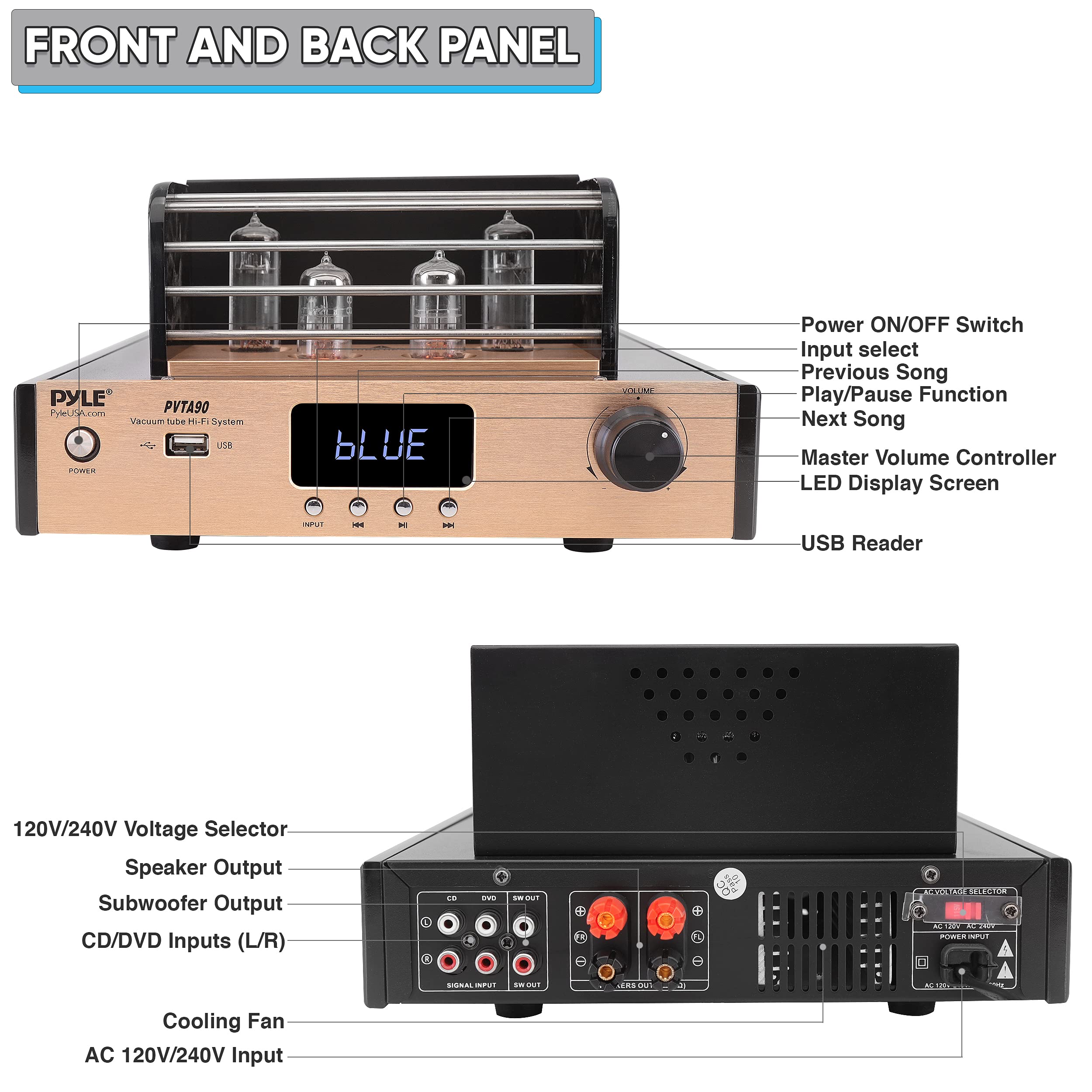Pyle Bluetooth Tube Amplifier Stereo Receiver - 1000W Home Audio Desktop Stereo Vacuum Hi-Fi Power Amplifier Receiver w/ 4 Vacuum Tubes, USB/CD/DVD Input, Optical/Coaxial, Subwoofer Output - PVTA90