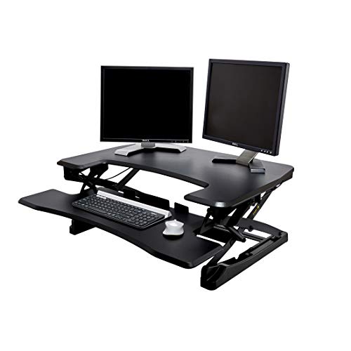 Seville Classics Airlift Height Adjustable Sit Converter Workstation Standing Ergonomic Dual Monitor Riser Keyboard Tray & Phone/Tablet Holder, Cut-Out Desk 35", Black
