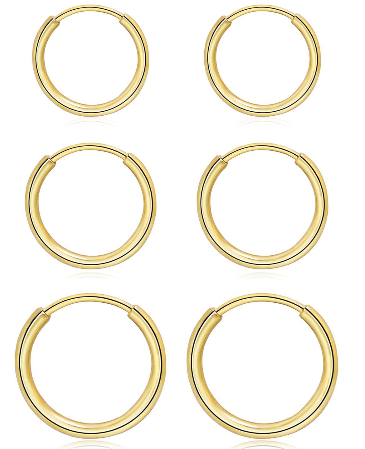 Sweetkiki Small Gold Hoop Earrings Set: 3 Pairs Cartilage Hoop Earring 316L Surgical Steel Tiny Endless Hoop Earrings Helix Earring for Women (Endless Hoops-14K Gold- 8mm 10mm 12mm)