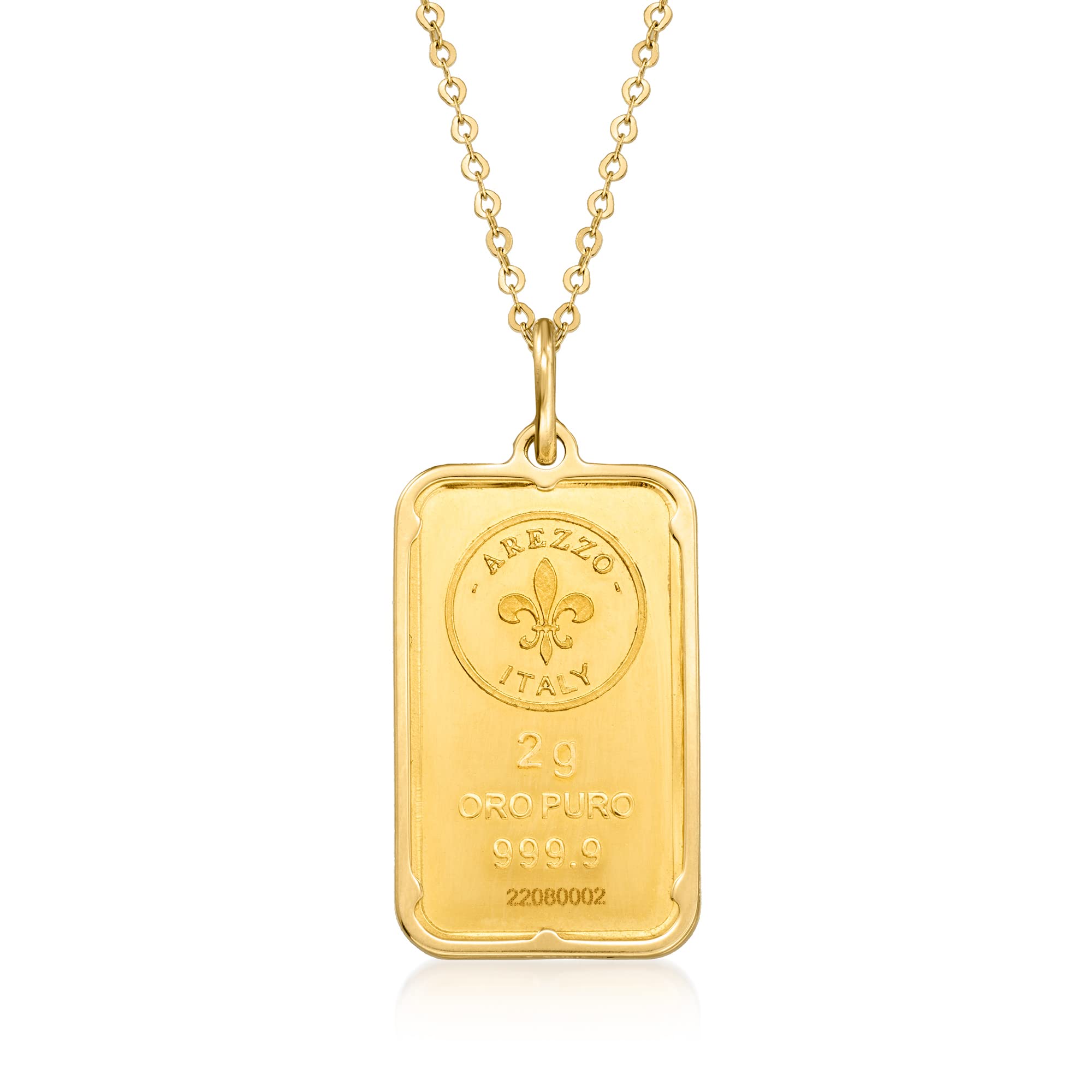 Ross-Simons Italian 24kt Yellow Gold Fleur-De-Lis 2-Gram Ingot Pendant Necklace With 14kt Yellow Gold Frame. 20 inches