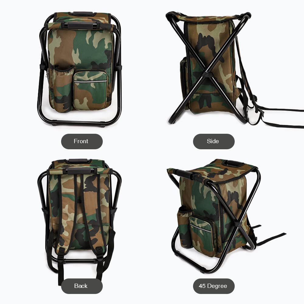 YESIACE Portable Hiking Camouflage Camping Stool, Folding Camping Chair Stool Backpack with Cooler Insulated Picnic Bag