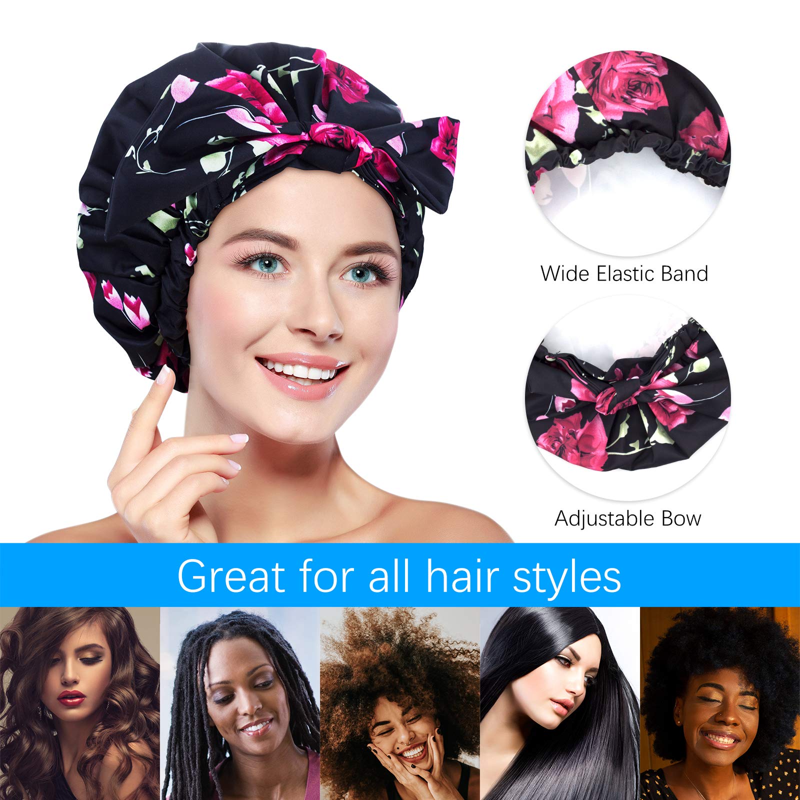 Reusable Shower Cap for Women Long Hair, Waterproof Large Shower Caps Adjustable, Washable, Breathable