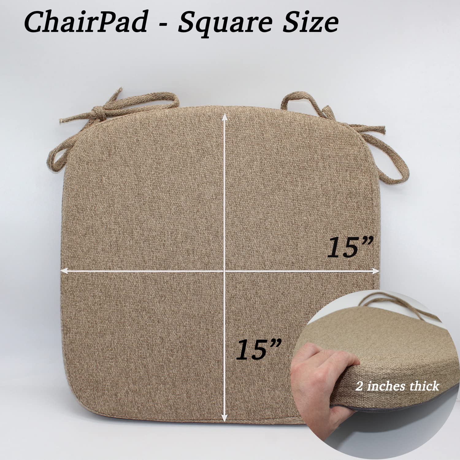 ZYHOONE Chair Cushion with Ties for Dining Chairs - Thick and Comfortable Non Slip Kitchen Seat Pad for Dining Room with Machine Washable Cover [15 X 15 X 2 Inches] - Natural Linen