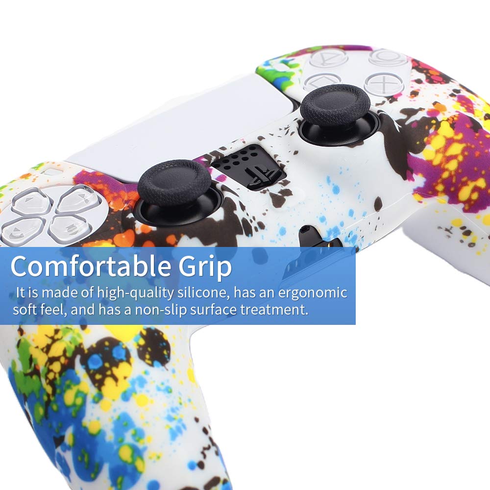 Skin Cover for Sony PS5 Dualsense Controller, White Silicone Protecte Case Printing Cool Art Spots, with Pro Thumb Grips x 12