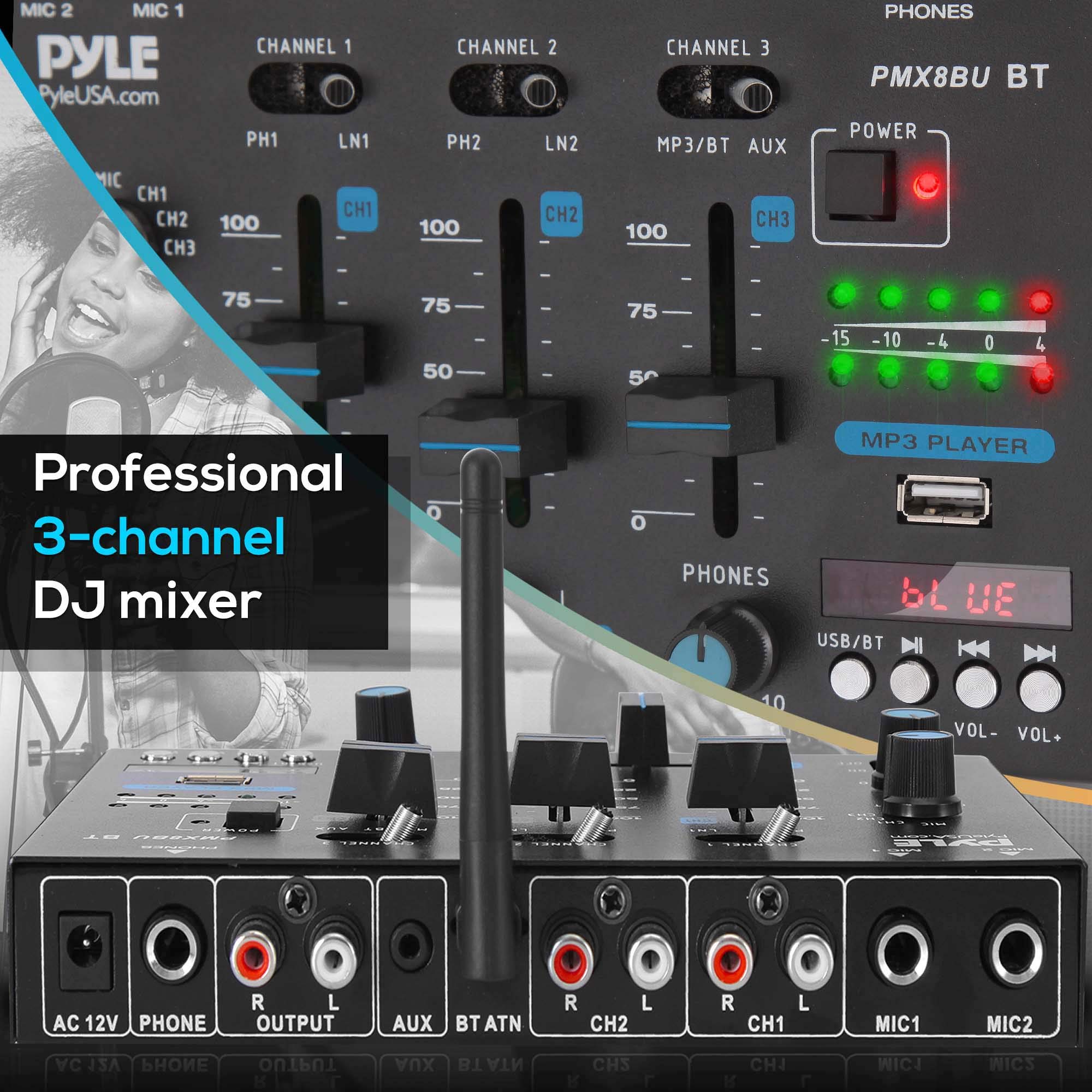 Pyle Wireless DJ Audio Mixer - 3 Channel Bluetooth Compatible DJ Controller Sound Mixer, Mic-Talkover, USB Reader, Dual RCA Phono/Line In, Microphone Input, Headphone Jack - Pyle PMX8BU,Black