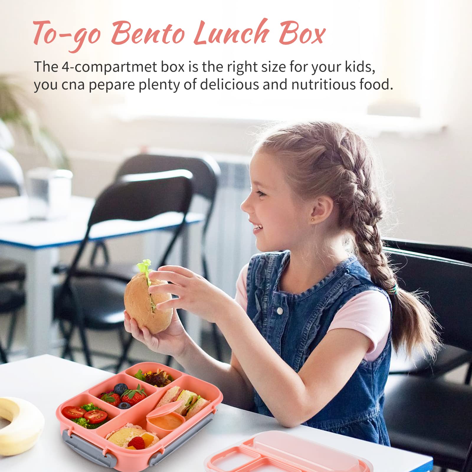 Zezzxu Bento Lunch Box for Kids and Adults, 1300 ML 4-Compartment Bento Box with Accessories, Plastic Lunch Containers Kit, Microwave & Dishwasher & Freezer Safe (Pink)