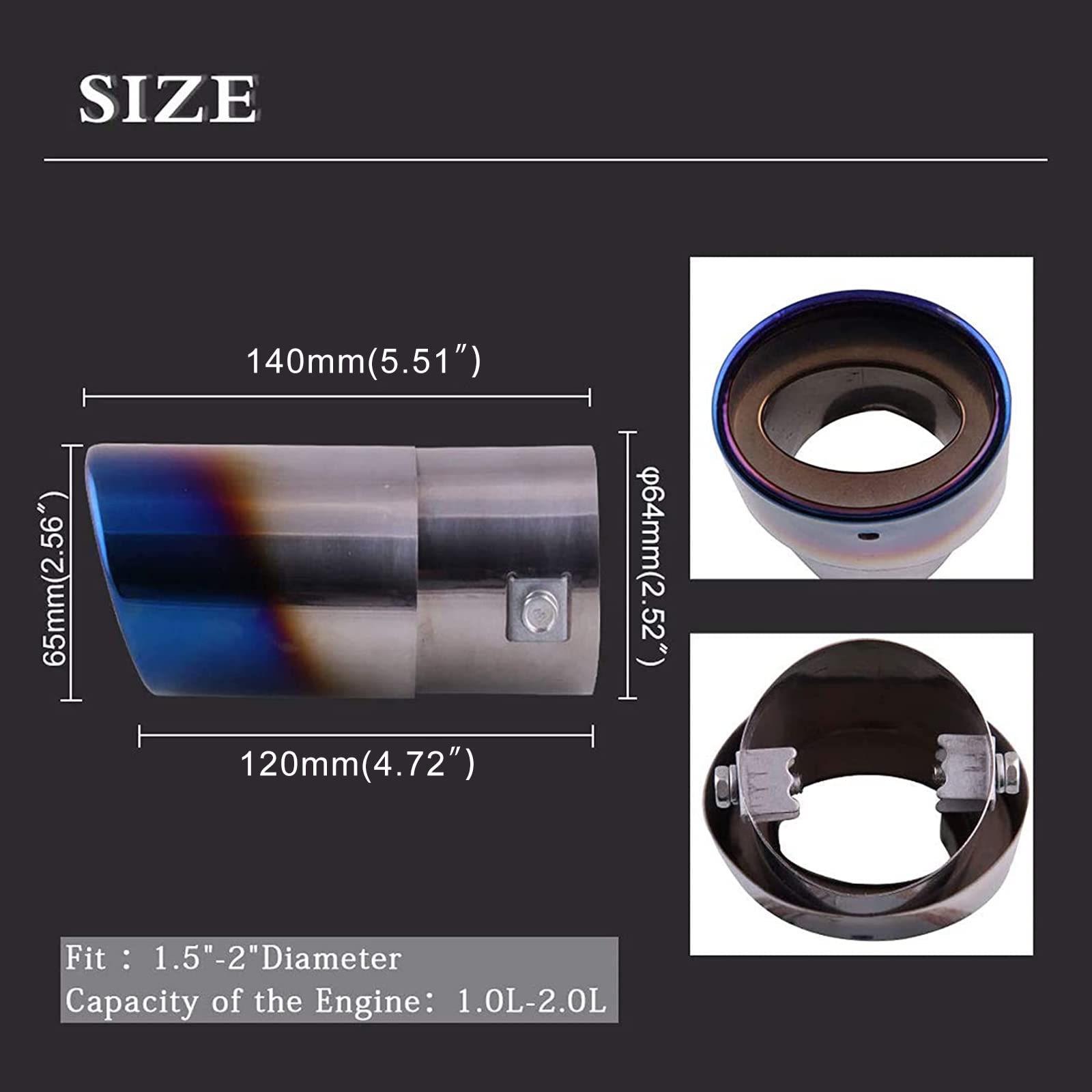 RYANSTAR Universal 1.5"-2"(1.0L-2.0L) Stainless Steel Exhaust Muffler Tip Pipe Car Oval Rear Exhaust Straight TailPipe Muffler Modification Blue Burnt
