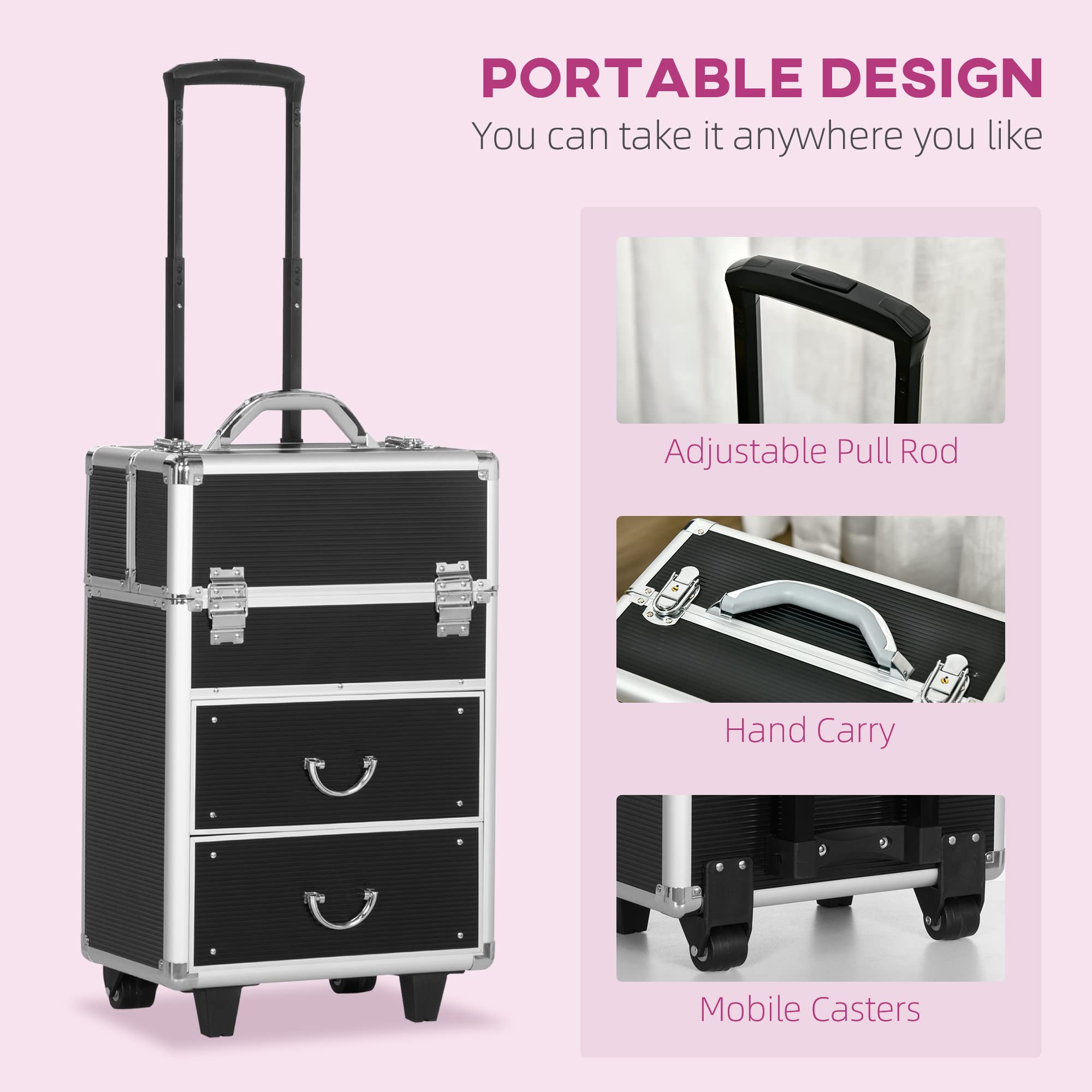 Professional Rolling Full Makeup Travel Train Case, Large Storage Cosmetic Trolley with Folding Trays, Drawer and Locks, Silver