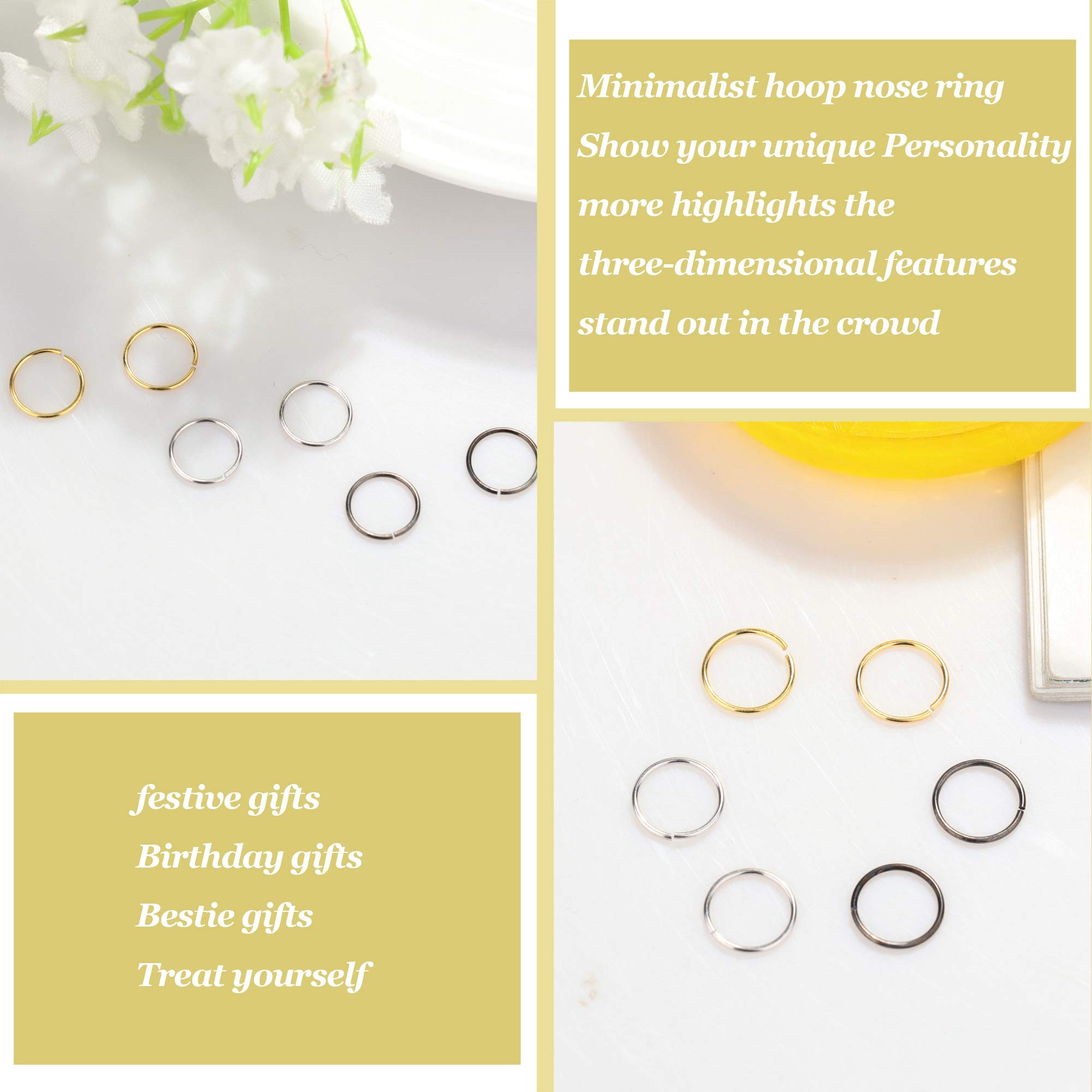 Sllaiss 6Pcs Sterling Silver 22G Nose Ring Hoop 8MM Cartilage Earrings 14K White Gold Black Plated Labret Conch Piercing Jewelry