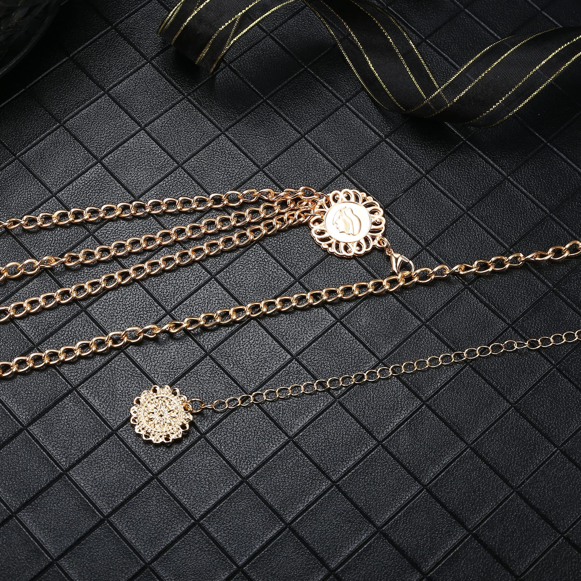 THUNARAZ 3PCS Metal Waist Chain, Gold Chain Belts for Women, Multi-layer Metal Belt for Dress 90cm 110cm