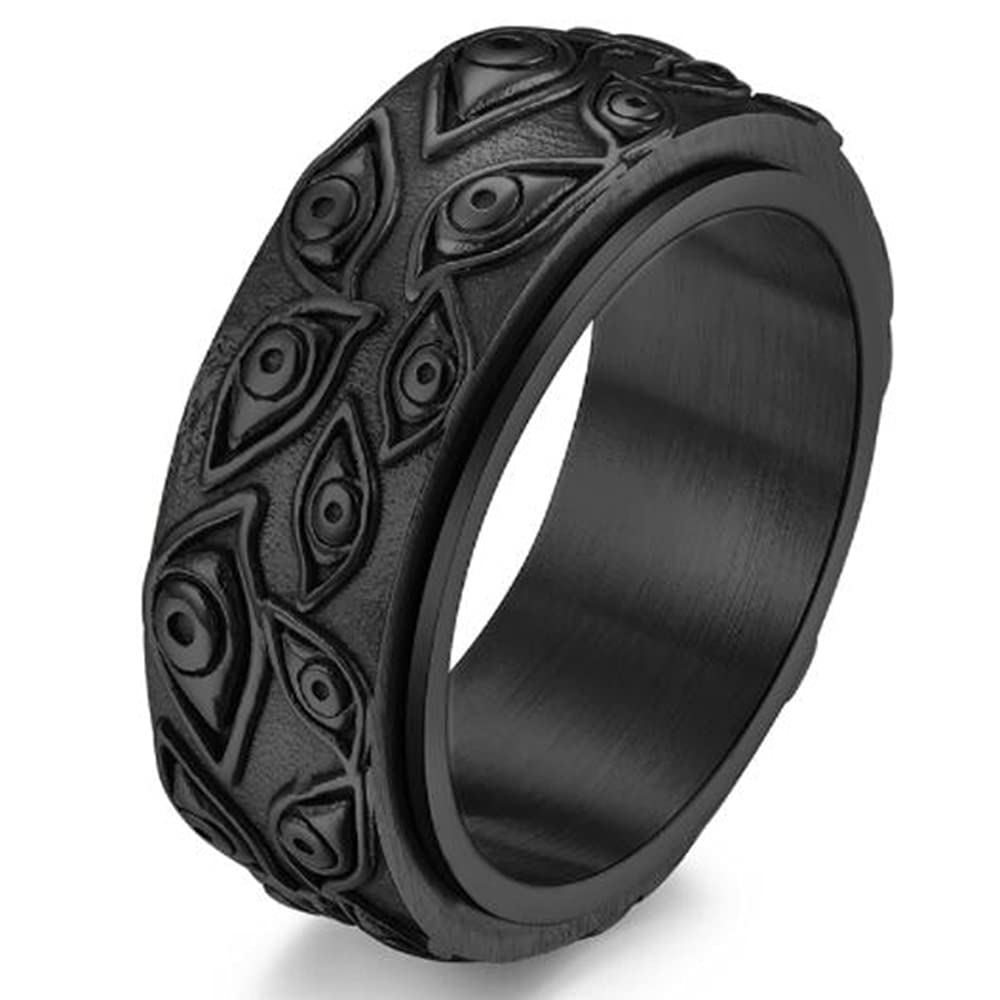 Stainless Steel Evil Eye of God Rotating Spin Style Wedding Band Halloween Biker Ring (Black, 10)