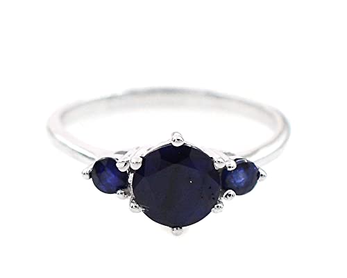 Three Stone Natural Blue Sapphire 7 MM Round Cut 925 Sterling Silver September Birthstone Cluster Unisex Proposal Ring Girlfriend Gift For Valentine Day (Rhodium Plated Silver, 6)
