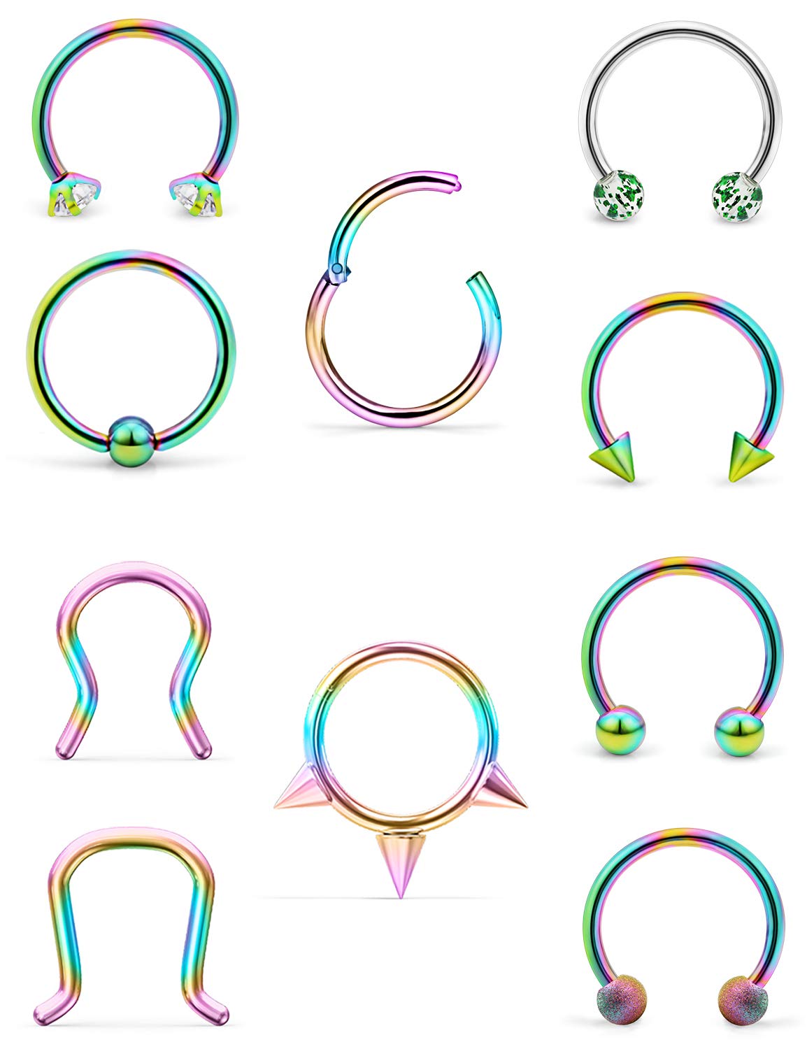 SCERRING 10PCS 16G Stainless Steel Hinged Clicker Segment Septum Nose Lip Ring Hoop Cartilage Tragus Sleeper Earrings Body Piercing Jewelry Braided 10mm Rainbow