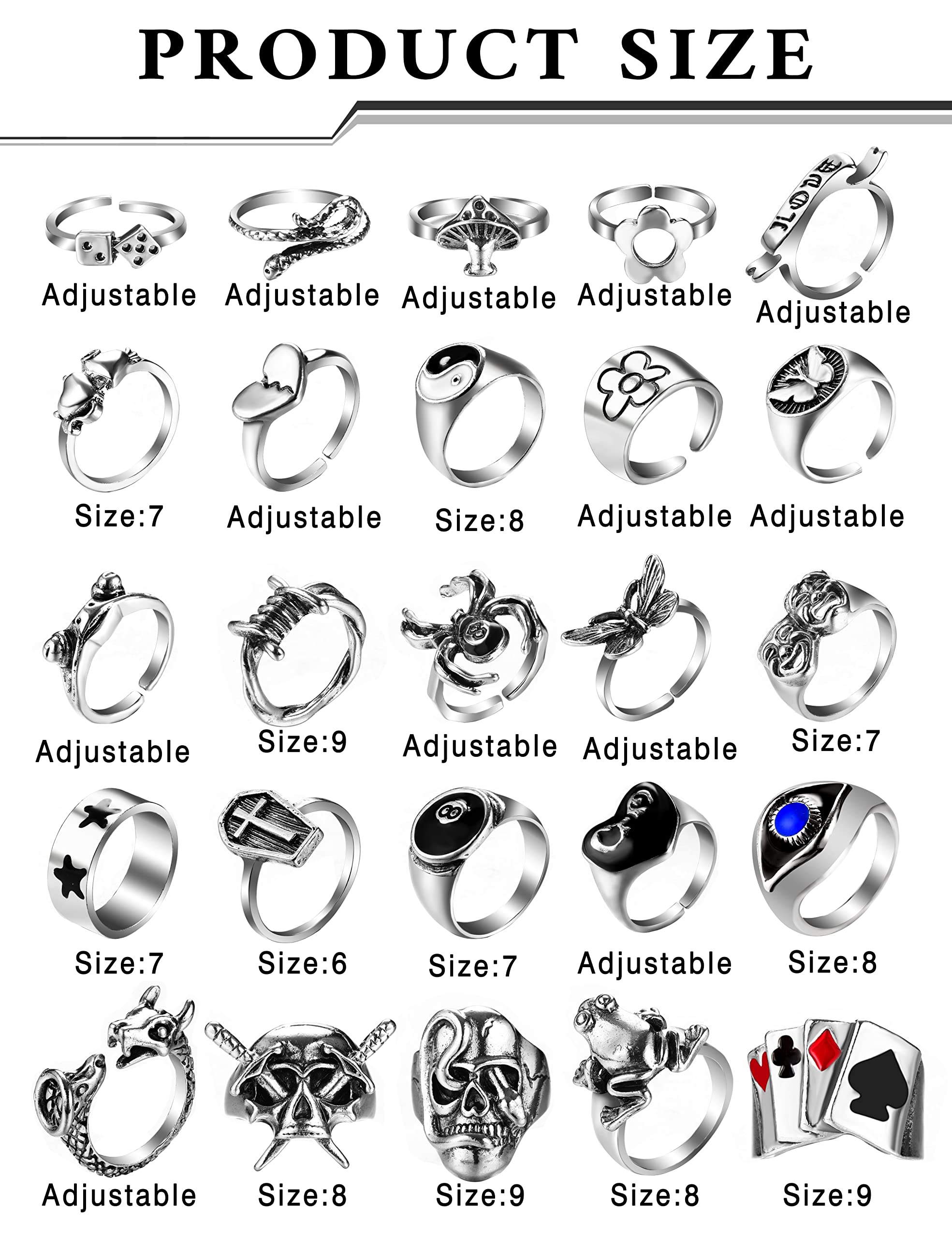 THUNARAZ Vintage Silver Gothic Punk Rings for Women Men Adjustable Skull Snake Frog Vintage Stackable Hippie Eboy Rings Cool Goth Ring Pack Y2K Jewelry Set