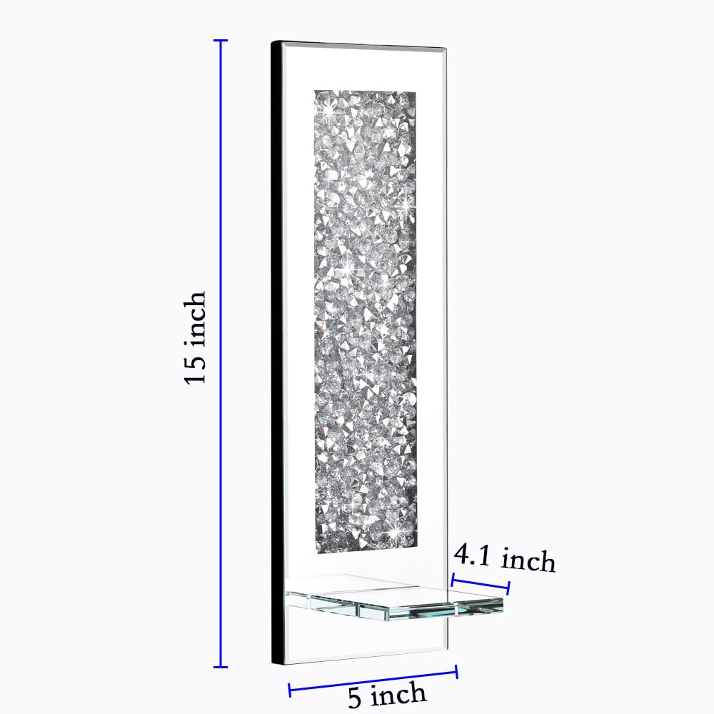 Pibeyer Crushed Diamond Wall Candle Holder, Crystal Mirrored Candle Sconces with Acrylic Diamond,Silver Home Décor