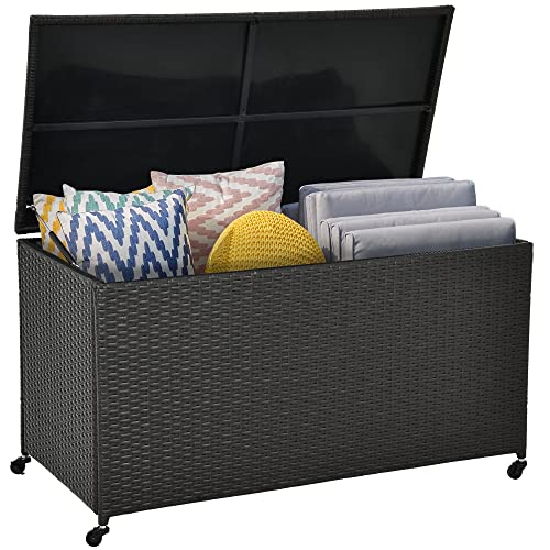 YITAHOME 120 Gallon Large Deck Box with Wheels, Woven Rattan Wicker Outdoor Storage Box, Waterproof Storage Container, Outdoor Cushions Storage-Pool Storage Bin - Brown