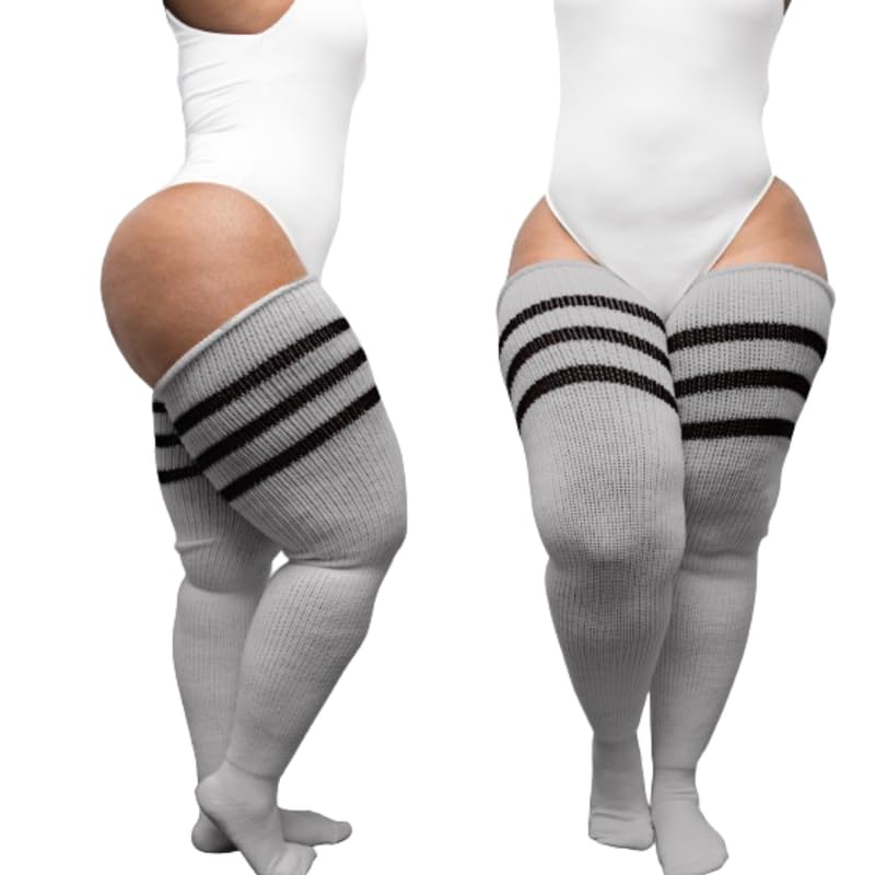 Thunda Thighs Plus Size Thigh High Socks, Over the Knee High Boot Stockings Leg Warmers, Extra Long & Thick Socks Grey & Black Stripes
