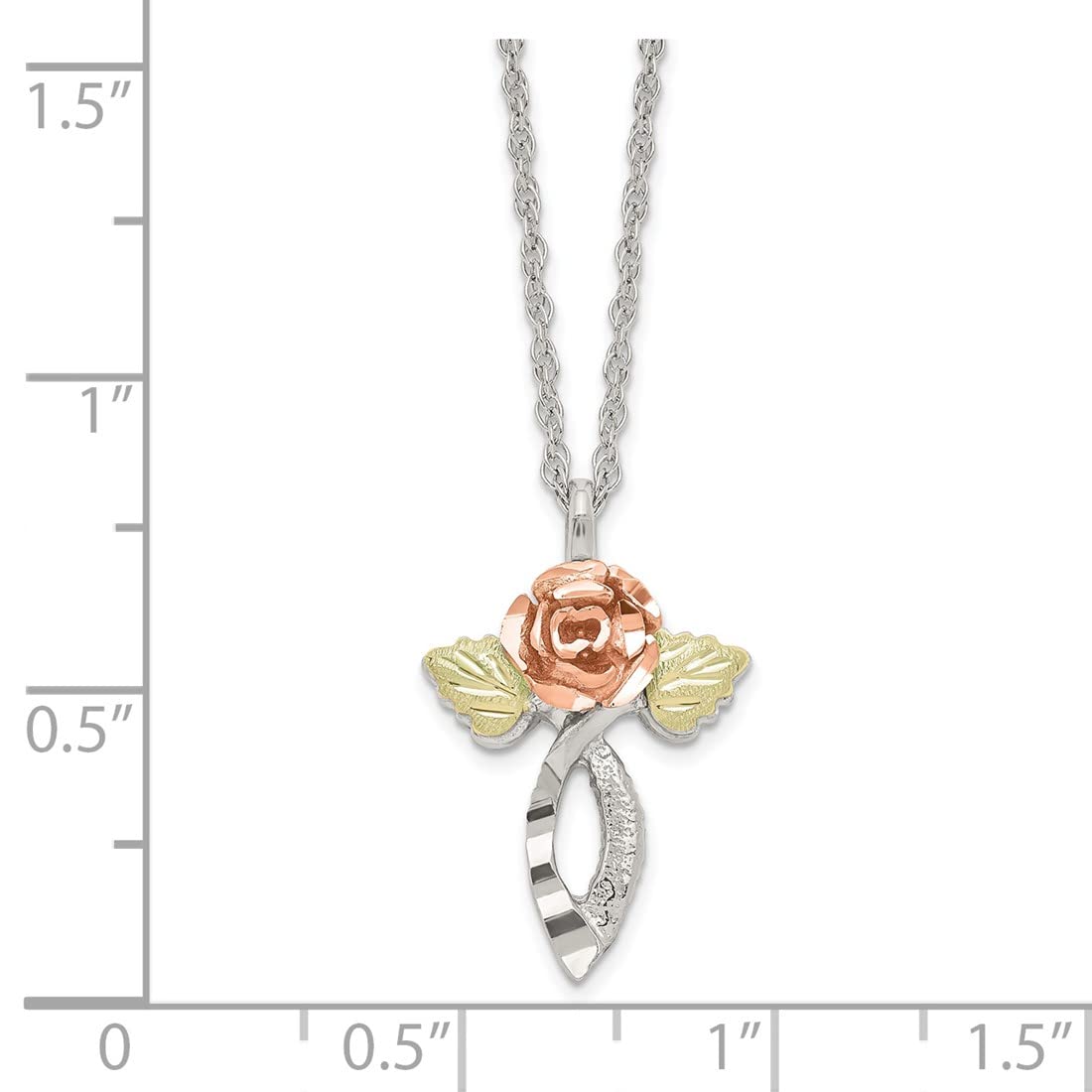 Rose Cross Pendant Necklace, Sterling Silver, 12k Green and Rose Gold Black Hills Gold Motif, 18"
