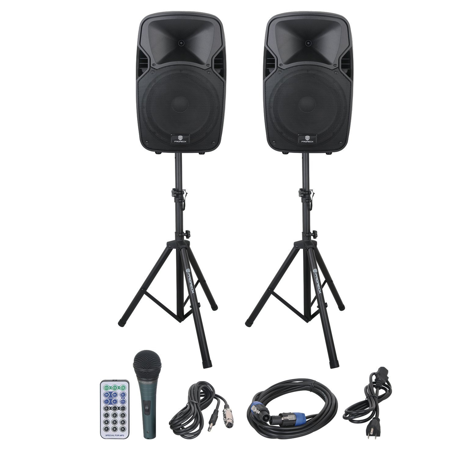 PRORECK Party 12 Portable 12-Inch Woofer 2-Way Powered PA Speaker System Combo Set with Bluetooth/USB/SD Card Reader/FM Radio/Remote Control/Speaker Stand