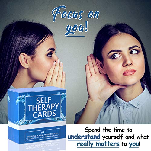 SELF THERAPY CARDS β Relaxing gift! Handy, easy to use anxiety relief cards! 115 Questions in a box, along with suggested actions and meditations. Self reflection cards, mindfulness tool