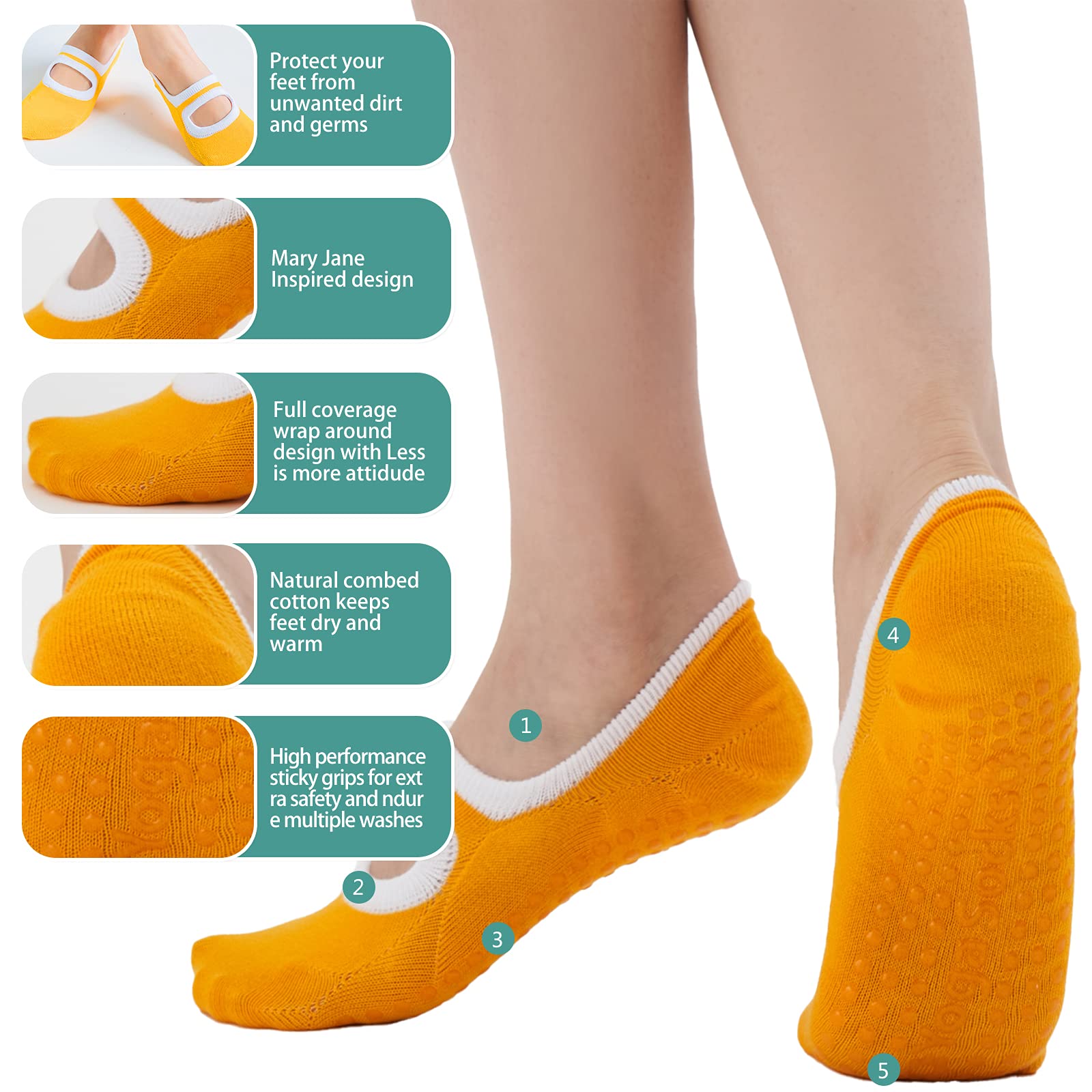 THUMBERLY Yoga Socks Non-Slip with Grips, 2 Pack Pilates Socks for Barre, for Barre, Ballet, Barefoot Workout, Dance Balance Stability Wide Feet Design fits US 5-11 (Black+Orange)