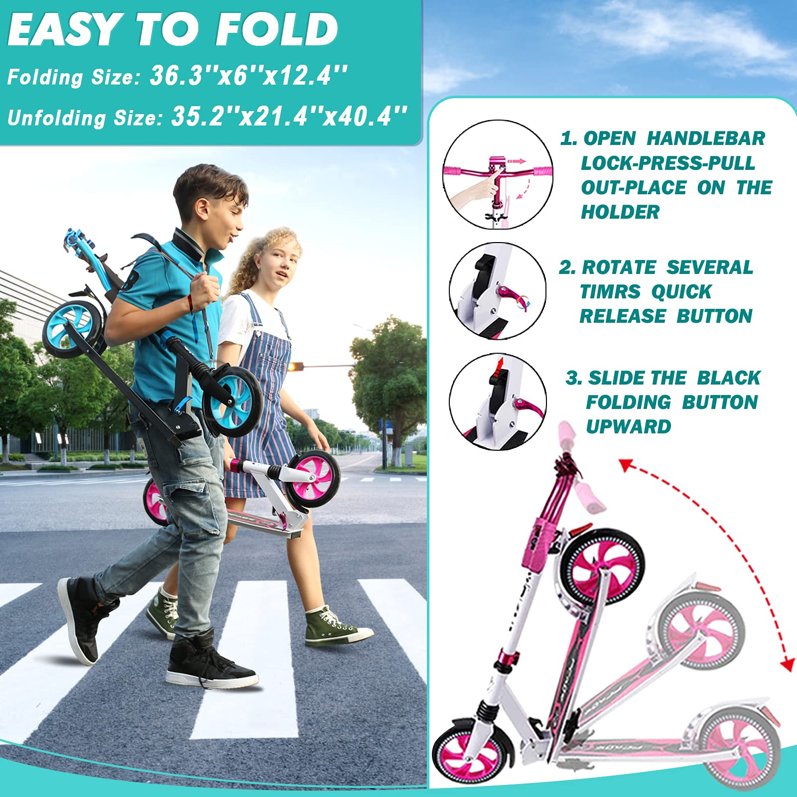 VOKUL Scooter for Kids 8 Years and Up - 8" Big Wheel Scooter with Carry Strap for Adults Teens Up to 220 lbs
