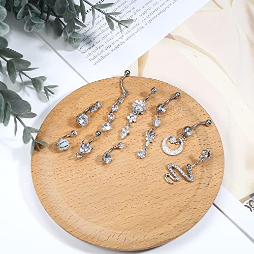 THUNARAZ 14G Belly Button Rings Dangle Cute Navel Ring Snake Heart Skull Hand with Opal Clear CZ Belly Button Rings for Women Belly Piercing Pack