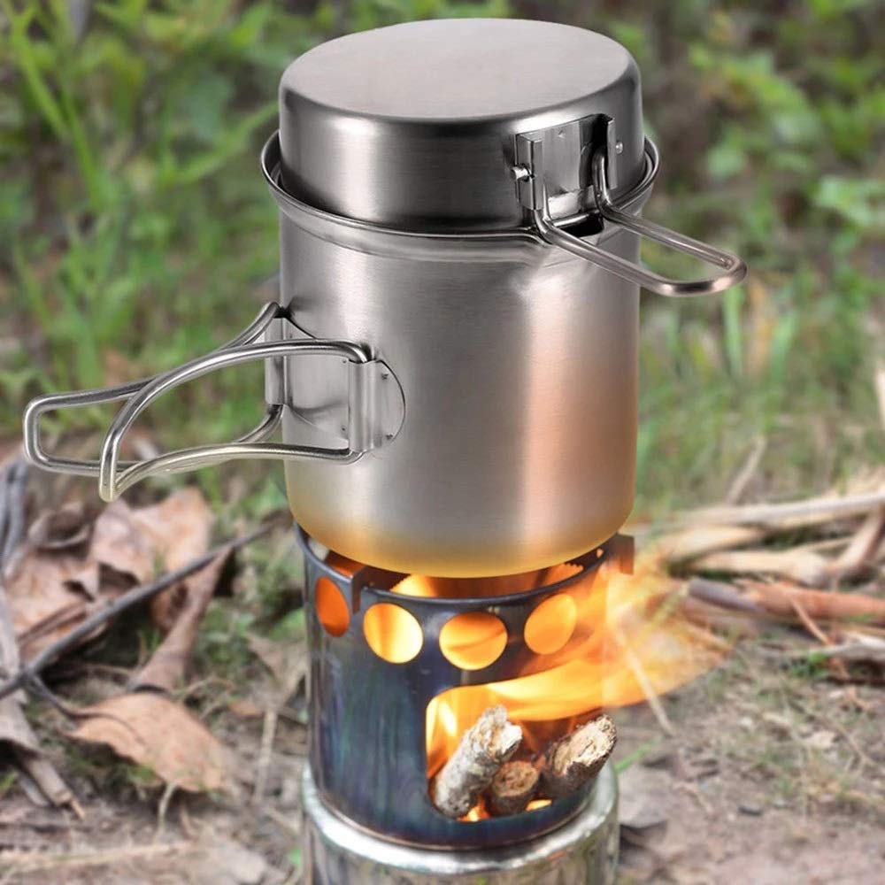 YFDM Camping Pot Set Foldable Handle Camping Pans Wood Stove Stainless Steel Cook Kit Cookware Hiking Outdoor Picnic