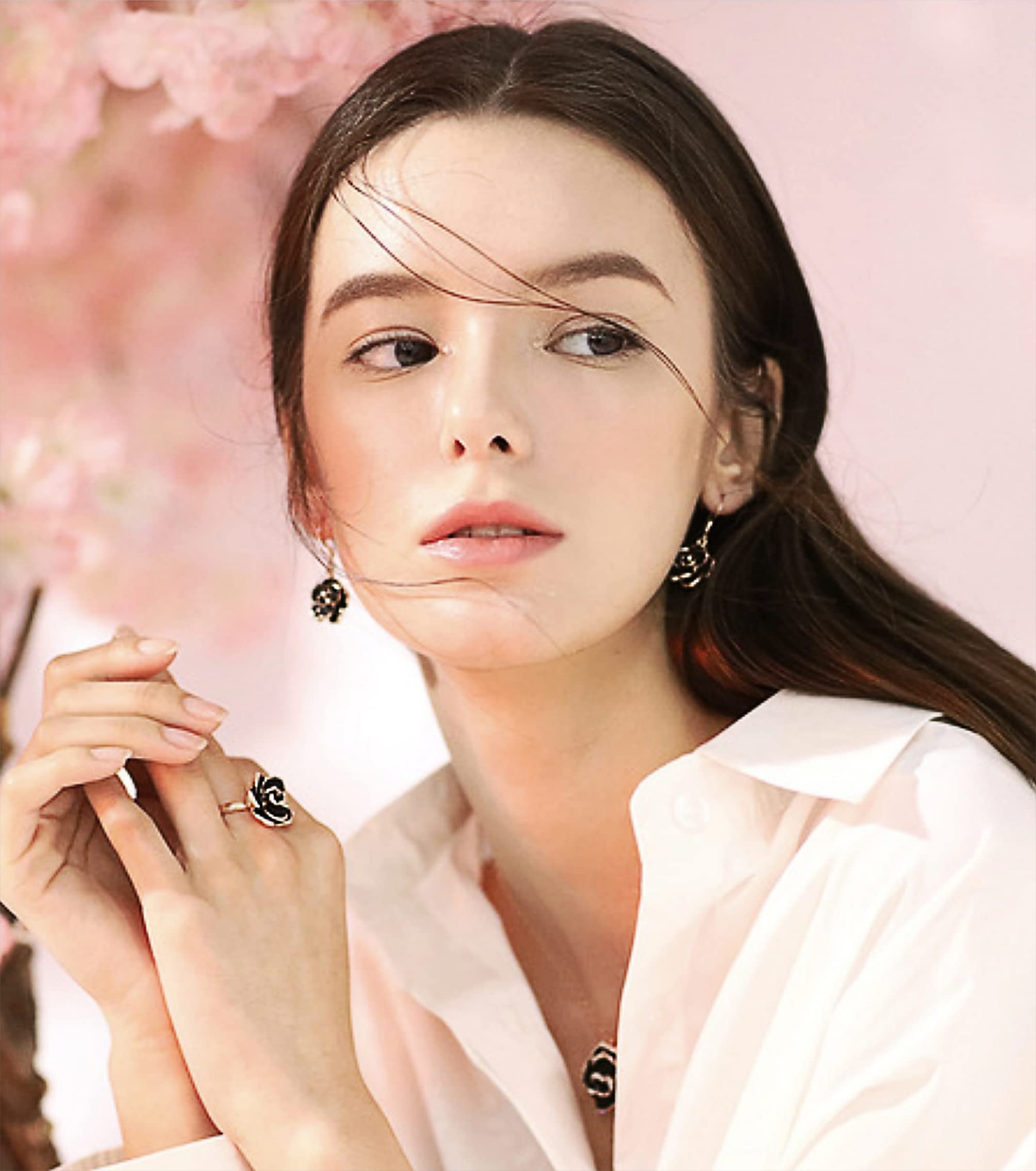 Rose Gold Plated Black Rose Flower Dangle Drop Earrings Fashion Jewelry for Women