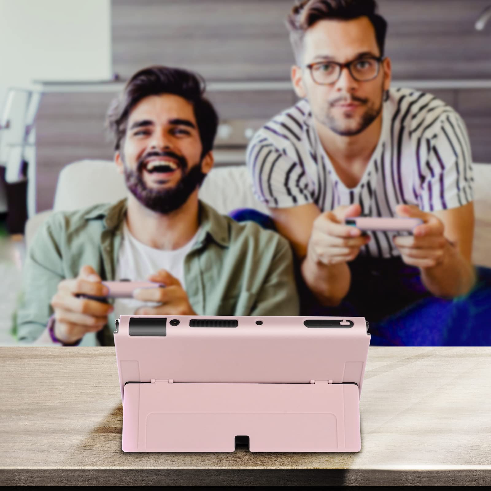 Switch OLED Case Dockable Protective Case for Nintendo Switch OLED Model 2021 Console and Joy-Con Controller Grip Case with 2 Thumb Grip Caps, Light Pink