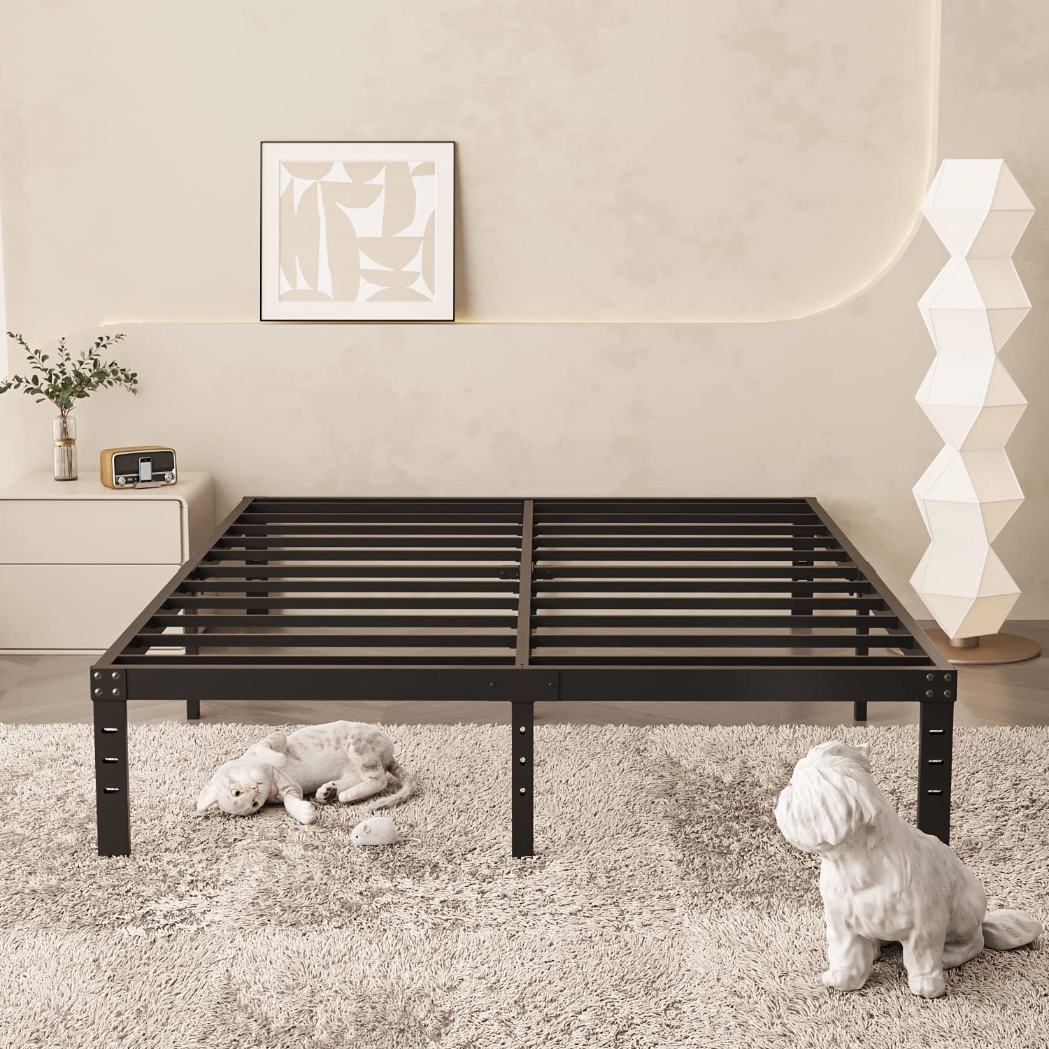 QUALEONA Bed-Frame-Queen, Metal Platform Queen-Size-Bed-Frame, No Box Spring Needed, Heavy Duty Steel Slat Support, Noise Free, Easy Quick Assembly, 14 Inch, Black