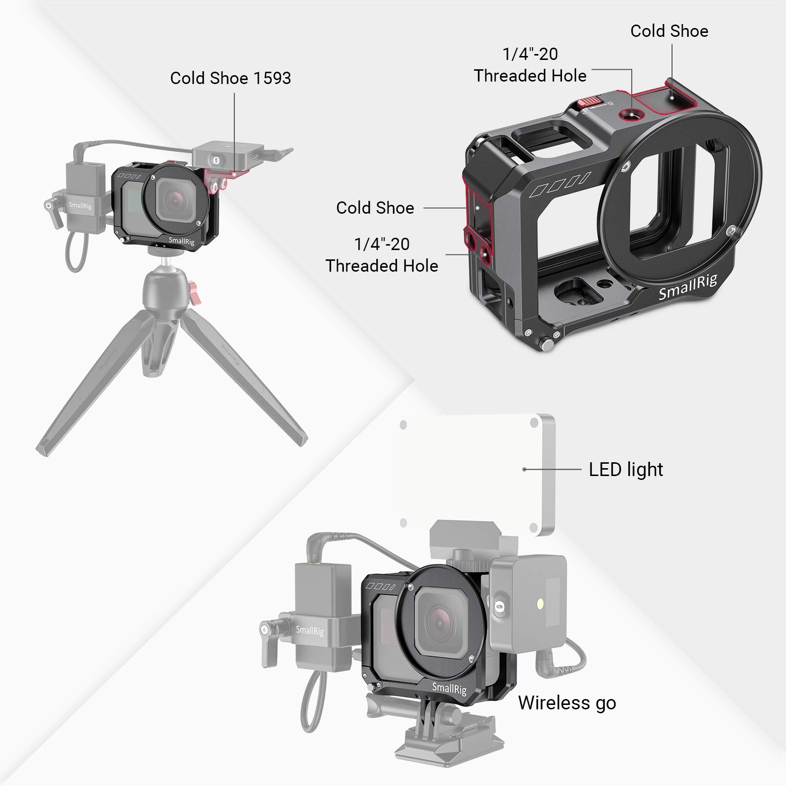 SmallRig HERO8 Vlogging Cage, Aluminum Video Cage with 52mm Filter Mount and 2 Cold Shoe Mount for Mic and Led Light for GoPro HERO8 Black CVG2505