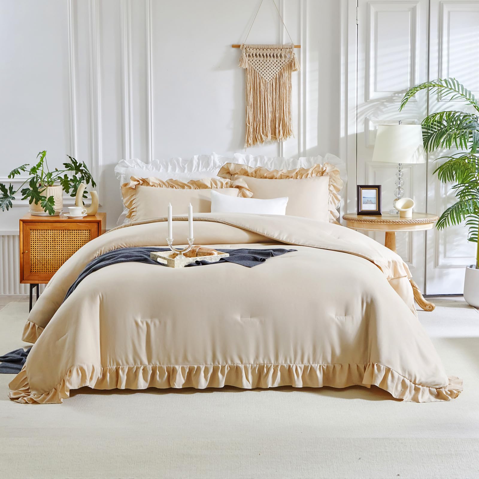 Pink Tassels Comforter Set King Size 102"x90" 3 Pieces Fringe Pink Tassel Boho Bedding Set Lightweight Soft Microfiber Shabby Chic Bohemian Style for Summer