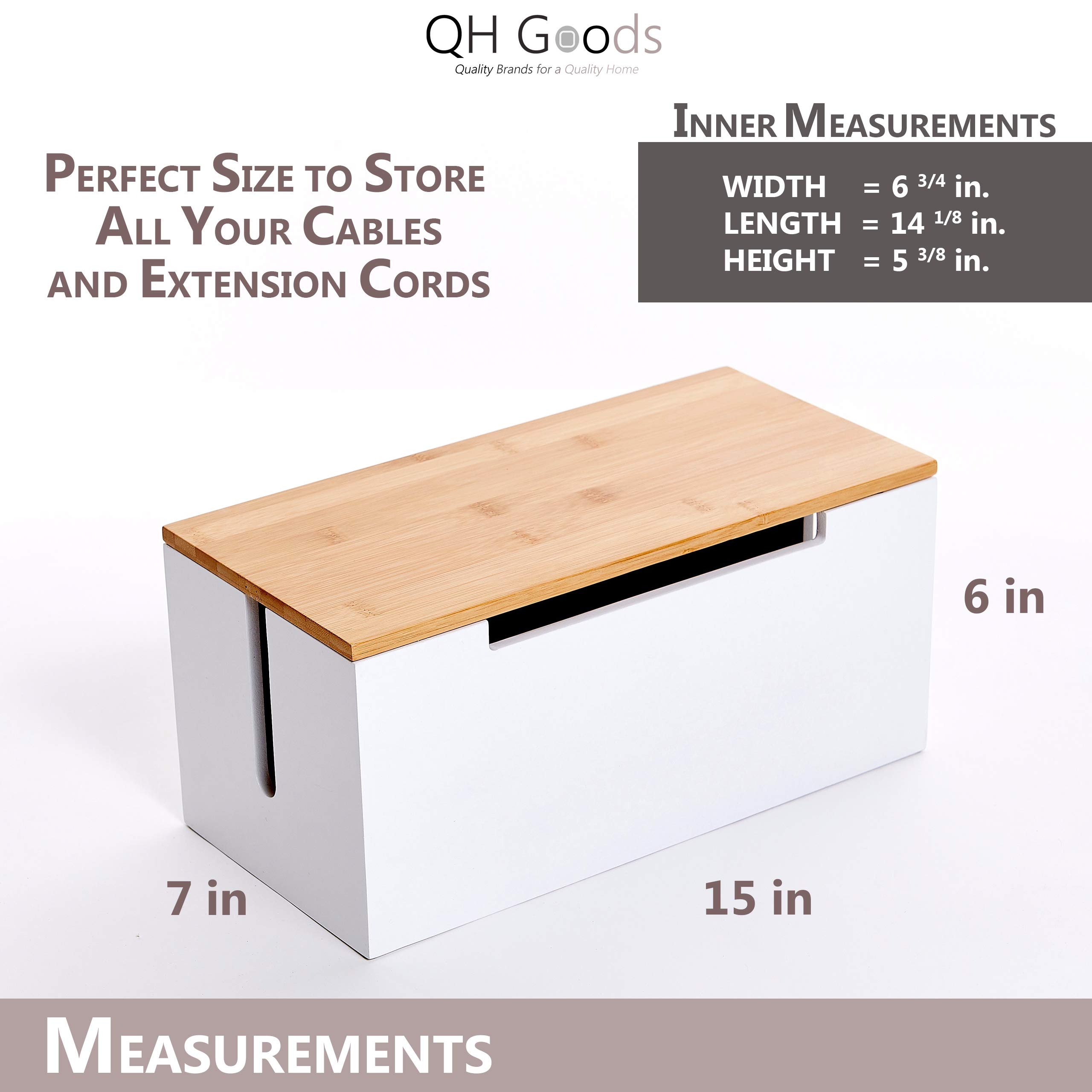 QH Goods Bamboo Cable Management Box Organizer Storage Large Wood Cord Cover for Floor Under Desk to Hide and Hold Power Strip, TV, Router, Computer, USB Hub, and Electrical Outlet Plug Wire (White)