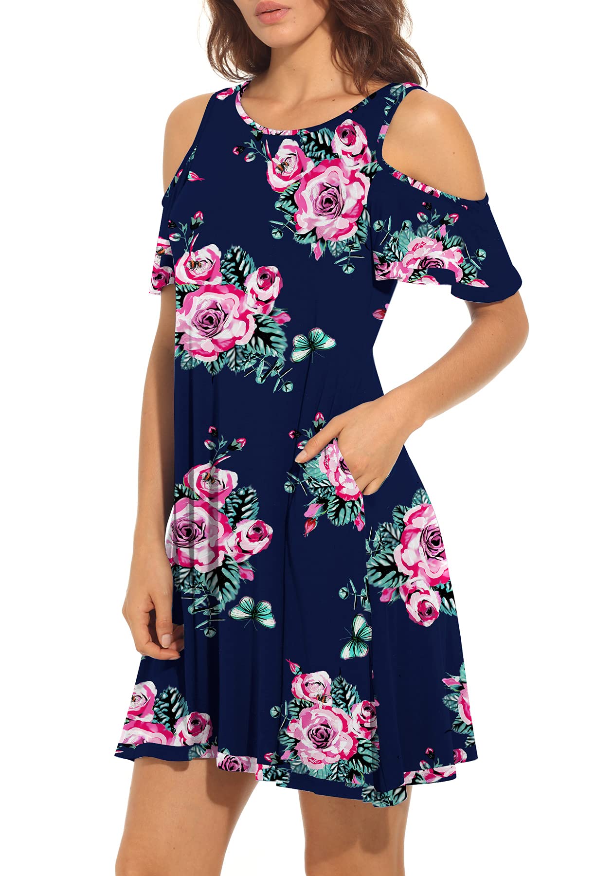 QIXING Women's Summer Cold Shoulder Tshirt Mini Dress Swing Tunic Tops Navy Blue-XL