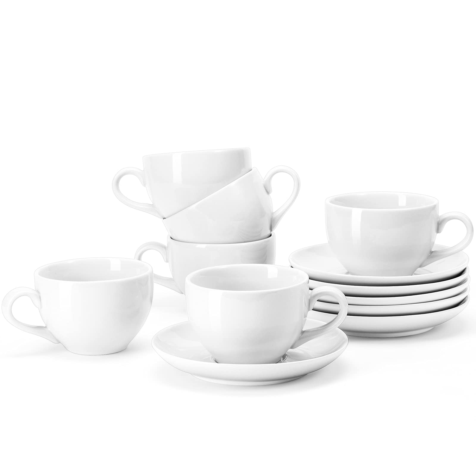 Yedio Porcelain Coffee Cups Set with Saucer, 6 Ounce White Porcelain Cup and Saucer Set for Cappuccino, Coffee Latte, Coffee drinks and Tea, Set of 6