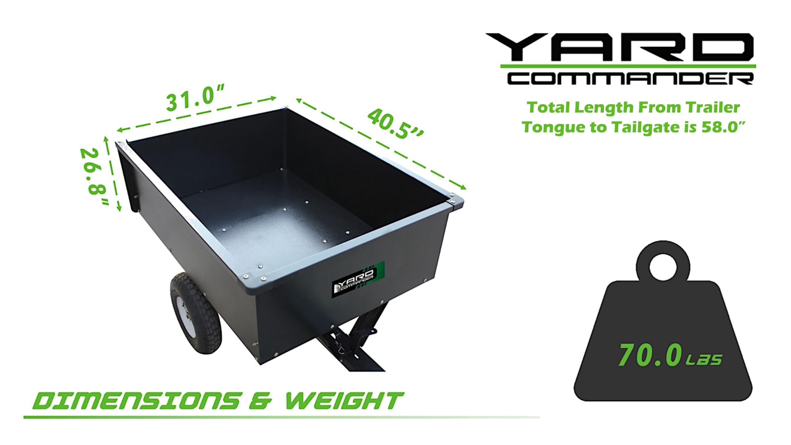 YARD COMMANDER - Heavy Duty Tow Behind ATV Trailer Steel Dump Cart - 10-Cubic Feet and 400-Pound Capacity - Garden Utility Trailer - Trailers with Removable Tailgate for Riding Lawn Mower Tractor
