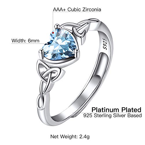 Suplight 925 Sterling Silver March Birthstone Rings Adjustable Aquamarine Celtic Knot Heart Rings for Women