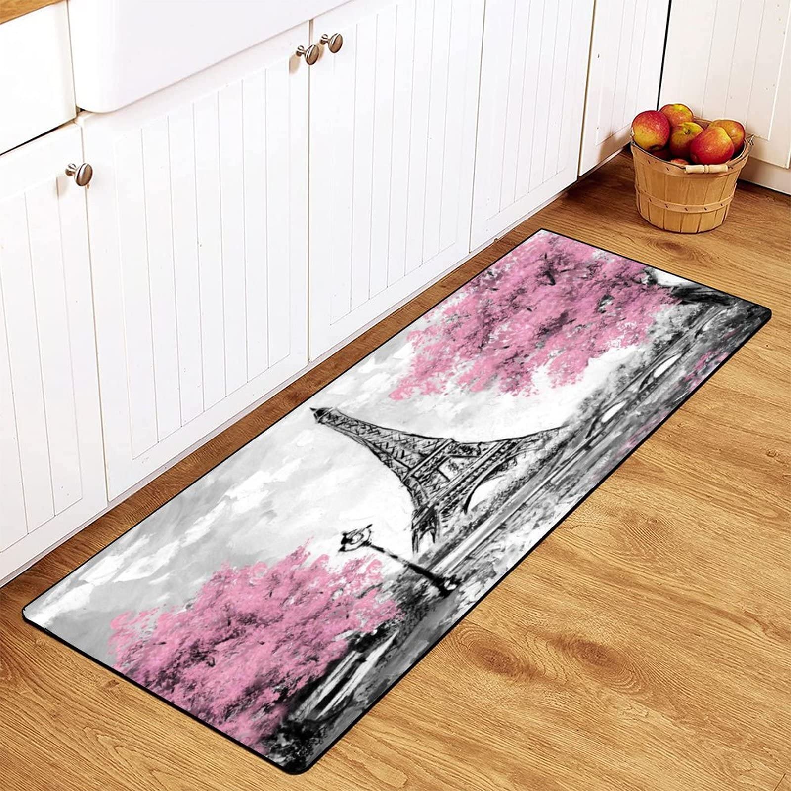 TsyTma Oil Painting Paris Eiffel Tower Kitchen Rug Non-Slip Decor Absorbent White and Pink Modern Art Kitchen Floor Mat Bathroom Rug Waterproof Runner Rug 39"x20"
