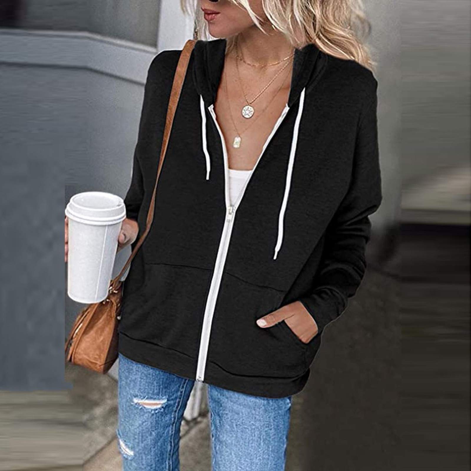 TIEMIHAZA Lightweight Zip Up Hoodies for Women Hooded Sweatshirts Long Sleeve Drawstring Thin Jacket with Zipper, Black