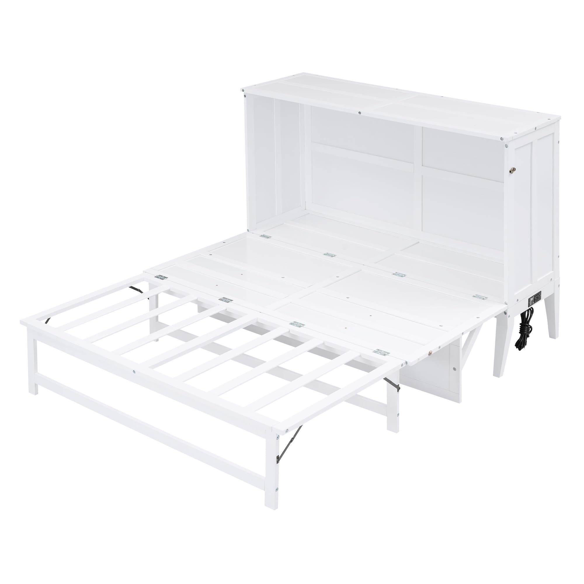 Queen Size Murphy Bed with Charging Station and Storage Shelf, Wood Queen Platform Bed Frame with usb Port, Queen Murphy Bed for Bedroom, No Box Spring Needed, Noise Free (White)