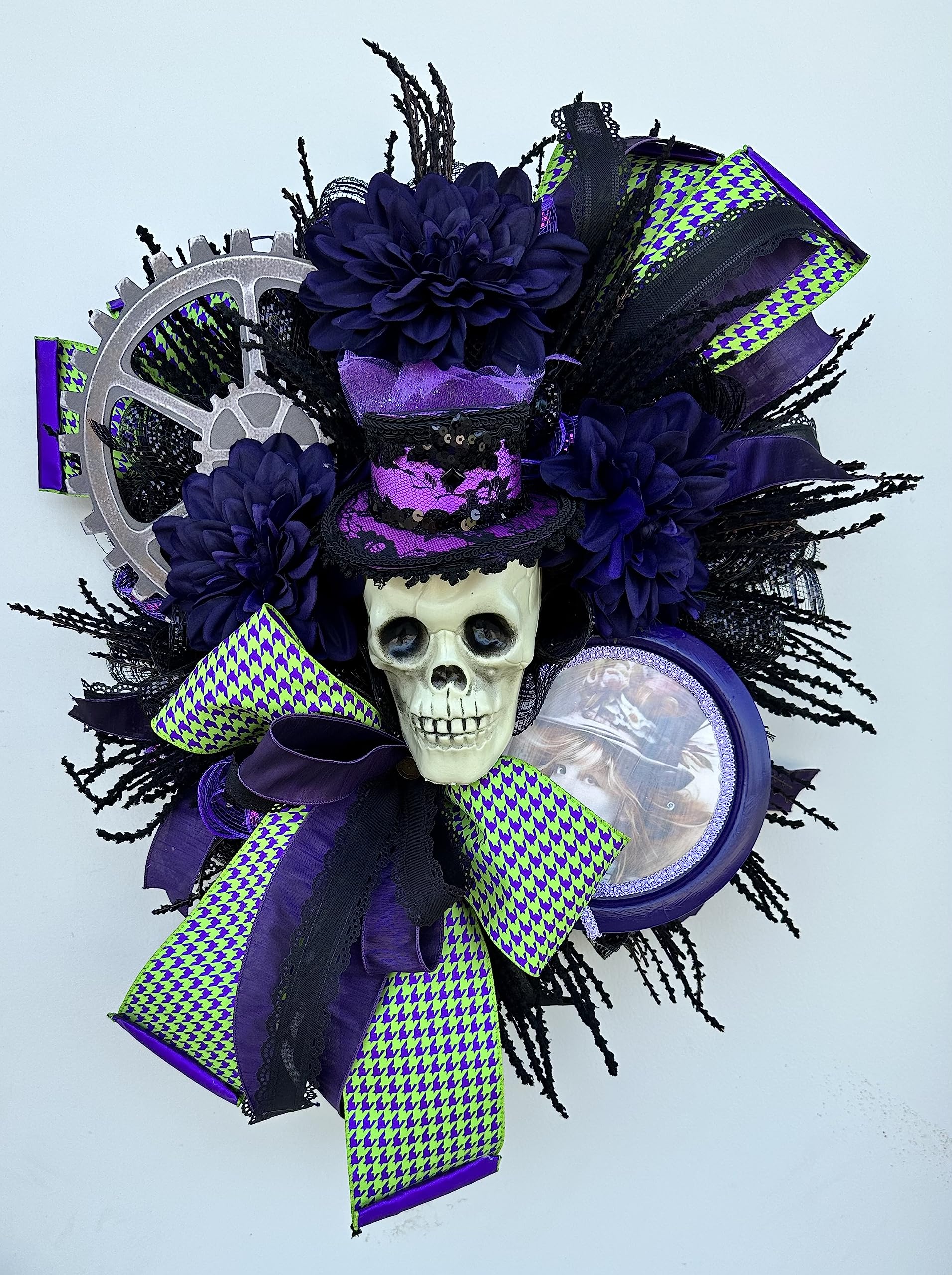 Purple Steampunk Halloween Skeleton Wreath - 26x19in - Spooky and Stylish Décor