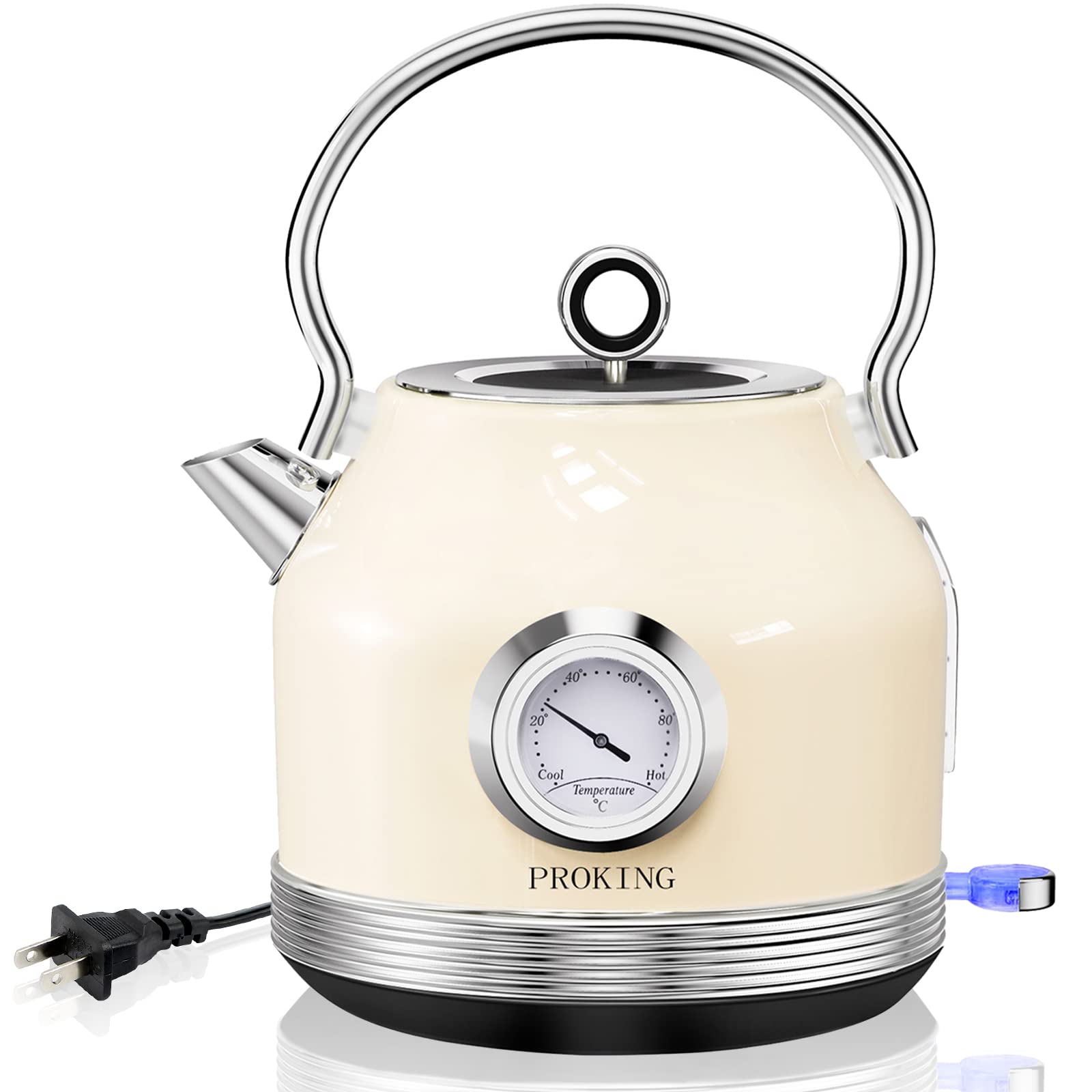 Retro Electric Kettle Stainless Steel 1.7L Tea Kettle, Hot Water Boiler with Thermometer&Led Light, Fast Boiling, Auto Shut-Off&Boil-Dry Protection (Beige)