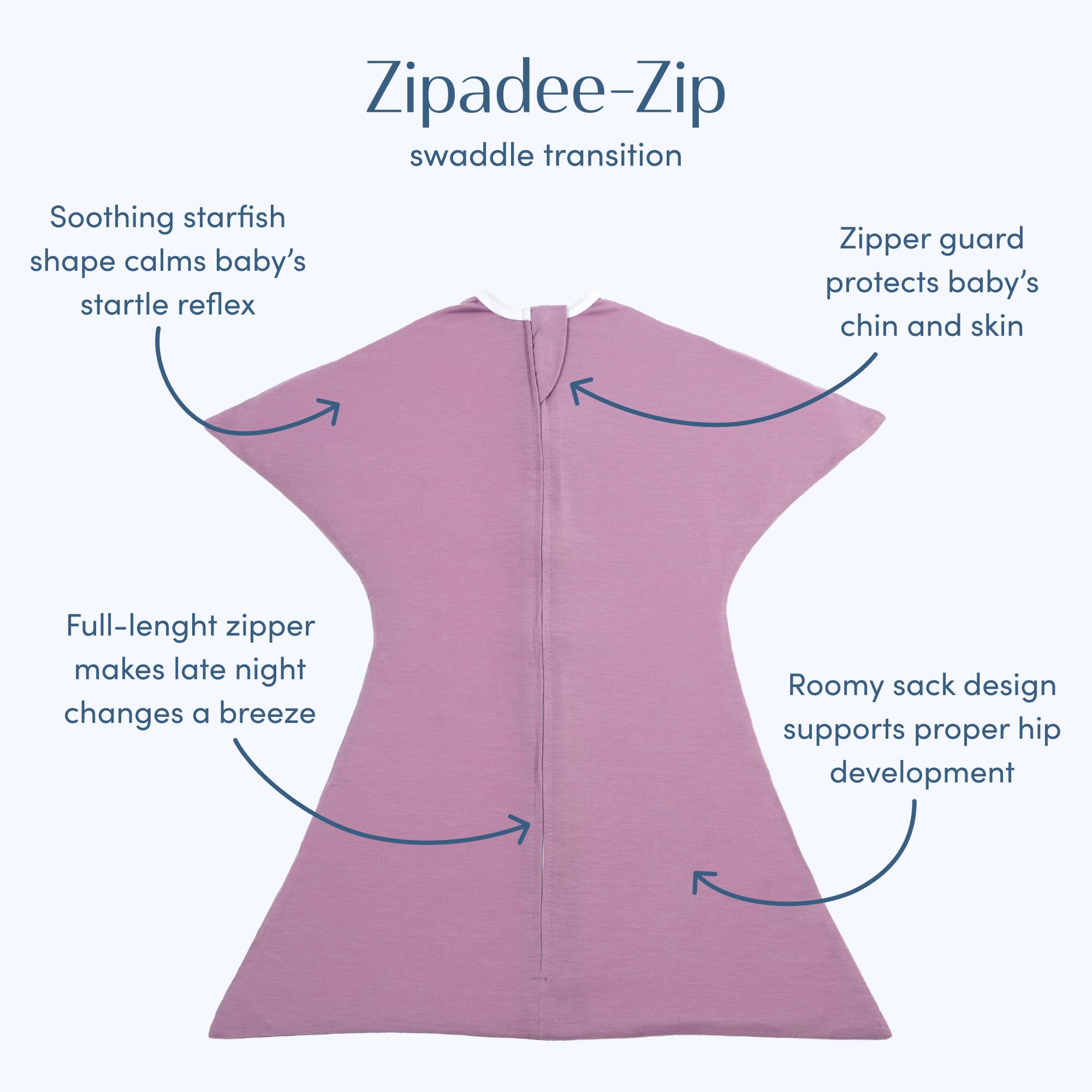 SleepingBaby Zipadee-Zip Transitional Swaddle Sack, 6-12 Month - Roomy Zipper Swaddle for Easy Diaper Changes and Proper Hip Development - Baby Swaddle Sack, Medium - Classic Lavender
