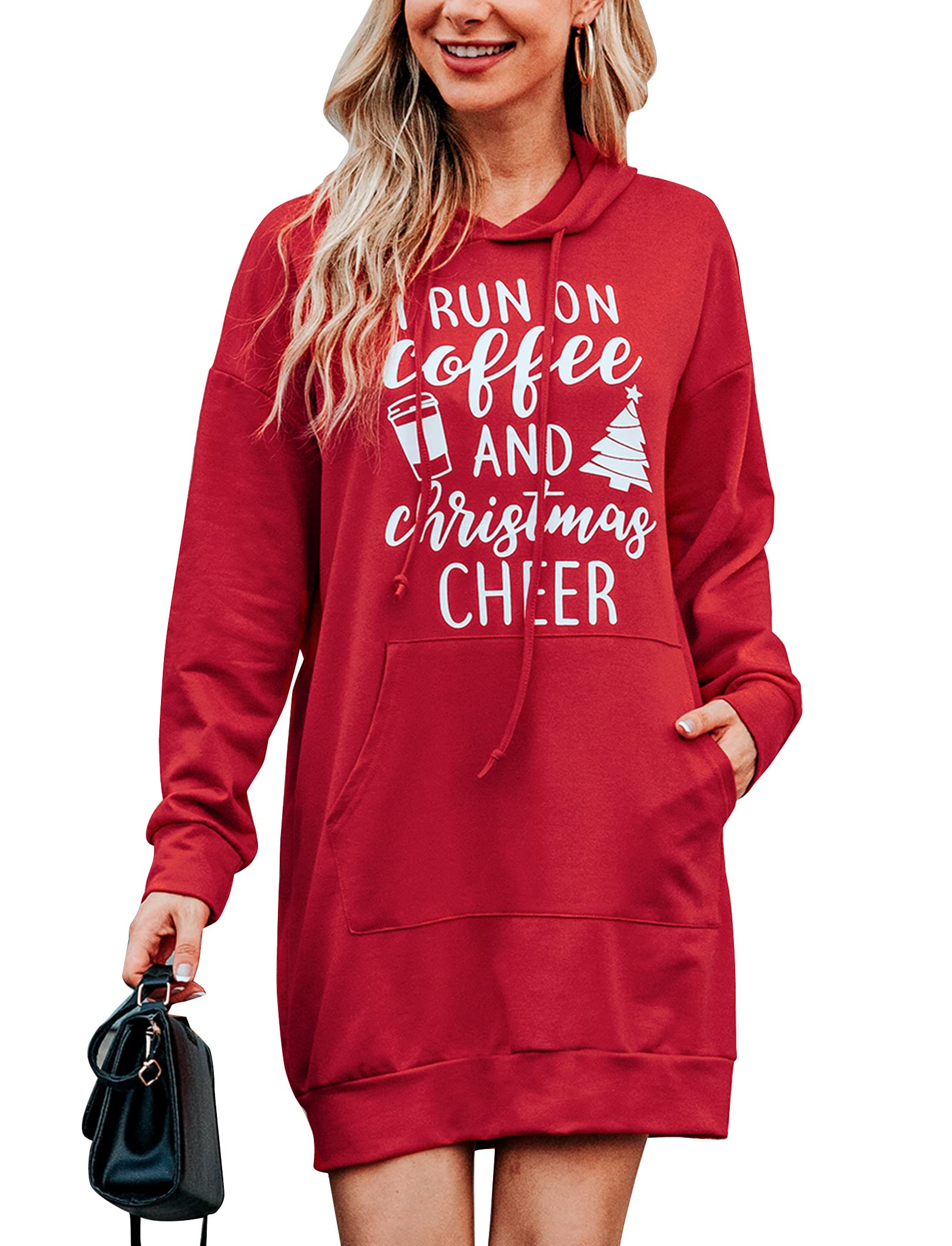 Quenteen I Run On Coffee and Christmas Cheer Sweatshirt Dress For Women Casual Loose Fitiing Hoodies Dress Red Small
