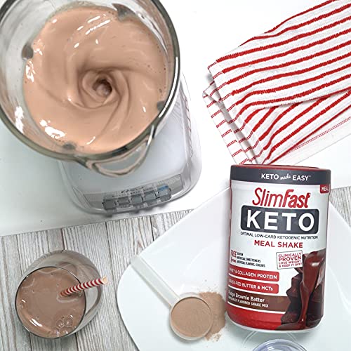 SlimFast Keto Meal Replacement Powder, Fudge Brownie Batter, Low Carb with Whey & Collagen Protein, 10 Servings