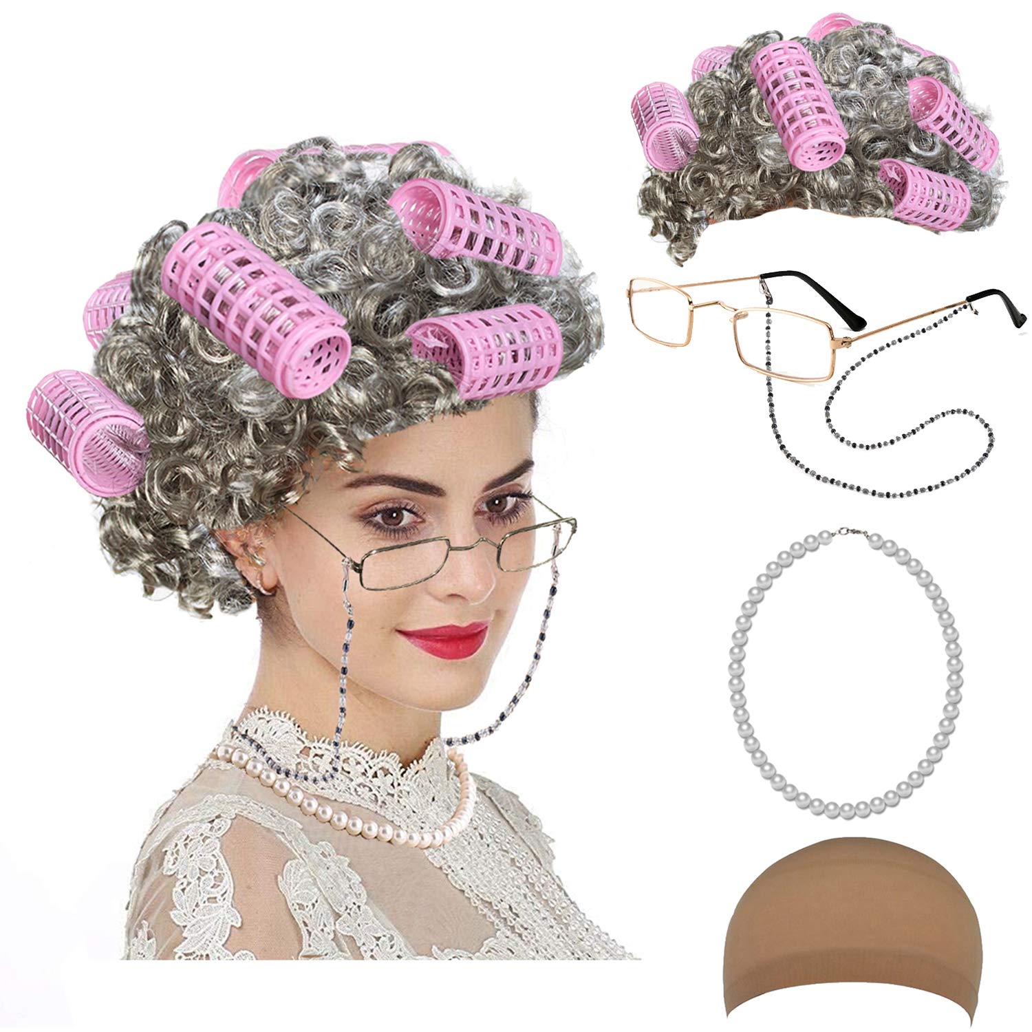 qnprt Old Lady Cosplay Set - Grandmother Wig, Wig Cap,Madea Granny Glasses, Eyeglass Chains Cords Strap, Pearl Beads (Style2-1)