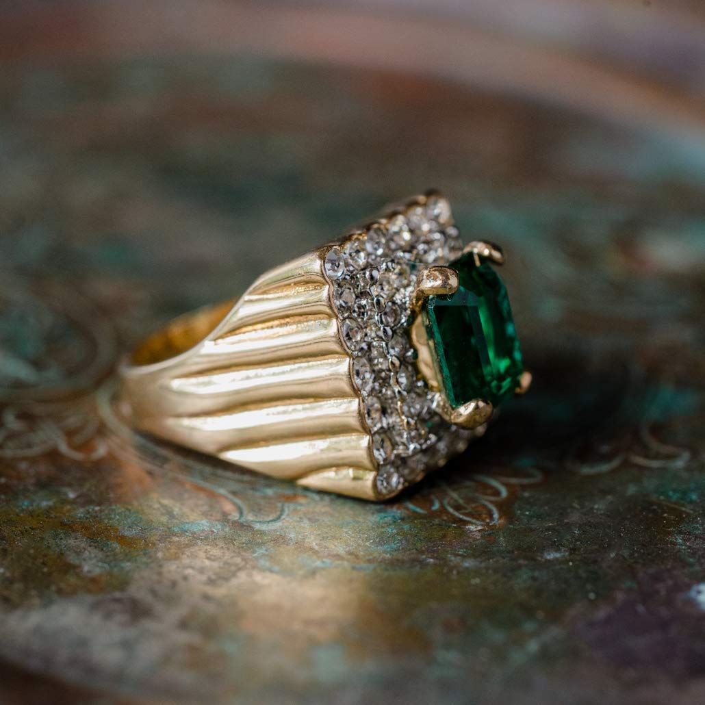 Providence Vintage Jewelry Emerald and Clear Austrian Crystal 18k Gold Plated Cocktail Ring