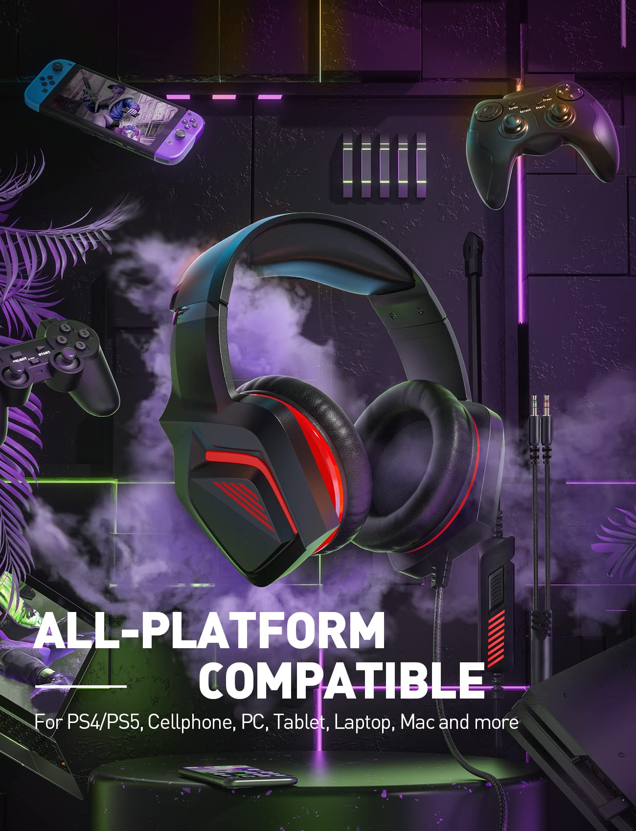 YaungBass Gaming Headset for PS4 PC Xbox One PS5 Controller, Stereo Sound Noise Cancelling Over Ear Headphones with Mic, Headsets Wired PC, PS4, PS5, Switch, Laptop Mac Nintendo 1.Black & Red